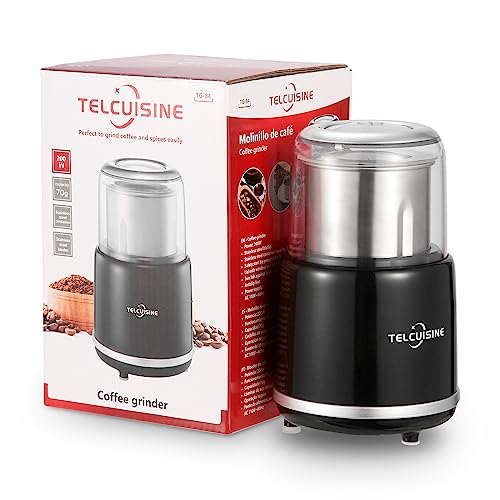 Telcuisine Coffee Bean Grinder, 200ml Small Coffee Grinder Electric Espresso Grinder with 304 Stainless Steel Blades for Beans, Nuts, Herbs, Grain and Salt, Spice Grinder with Cleaning Brush, 200W