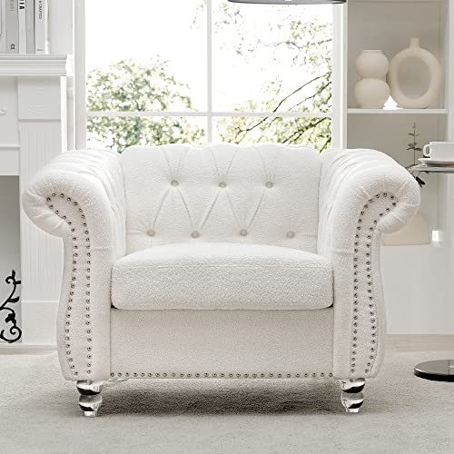 39" Chesterfield Single Sofa Chair Acrylic Crystal Leg Teddy Fabric Upholstered 1 Seater Sofa with Tufted Back,Roll Arm Settee Couches for Living Room Furniture (White + Polyester, Single Sofa)