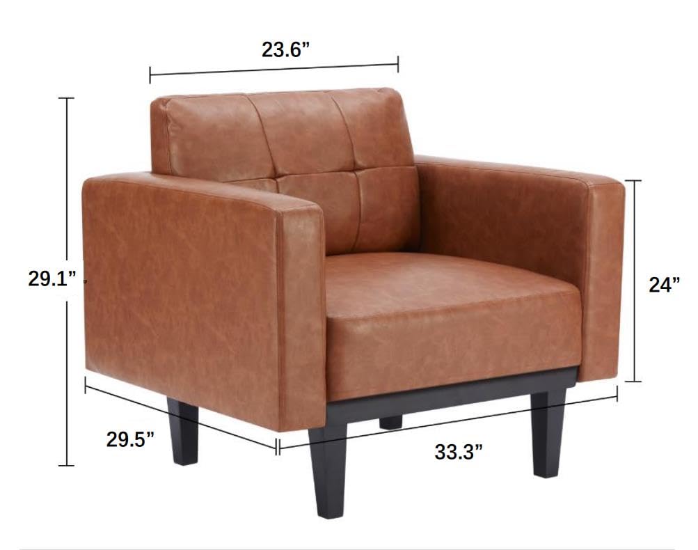 AYEASY Mid-Century Modern Leather Accent Set of 2, Oversized Upholstered Single Sofa Chair with Wood Base & Legs, Comfy Living Room Armchairs for Apartment Bedroom Office Study, Cognac/Espresso, Brown