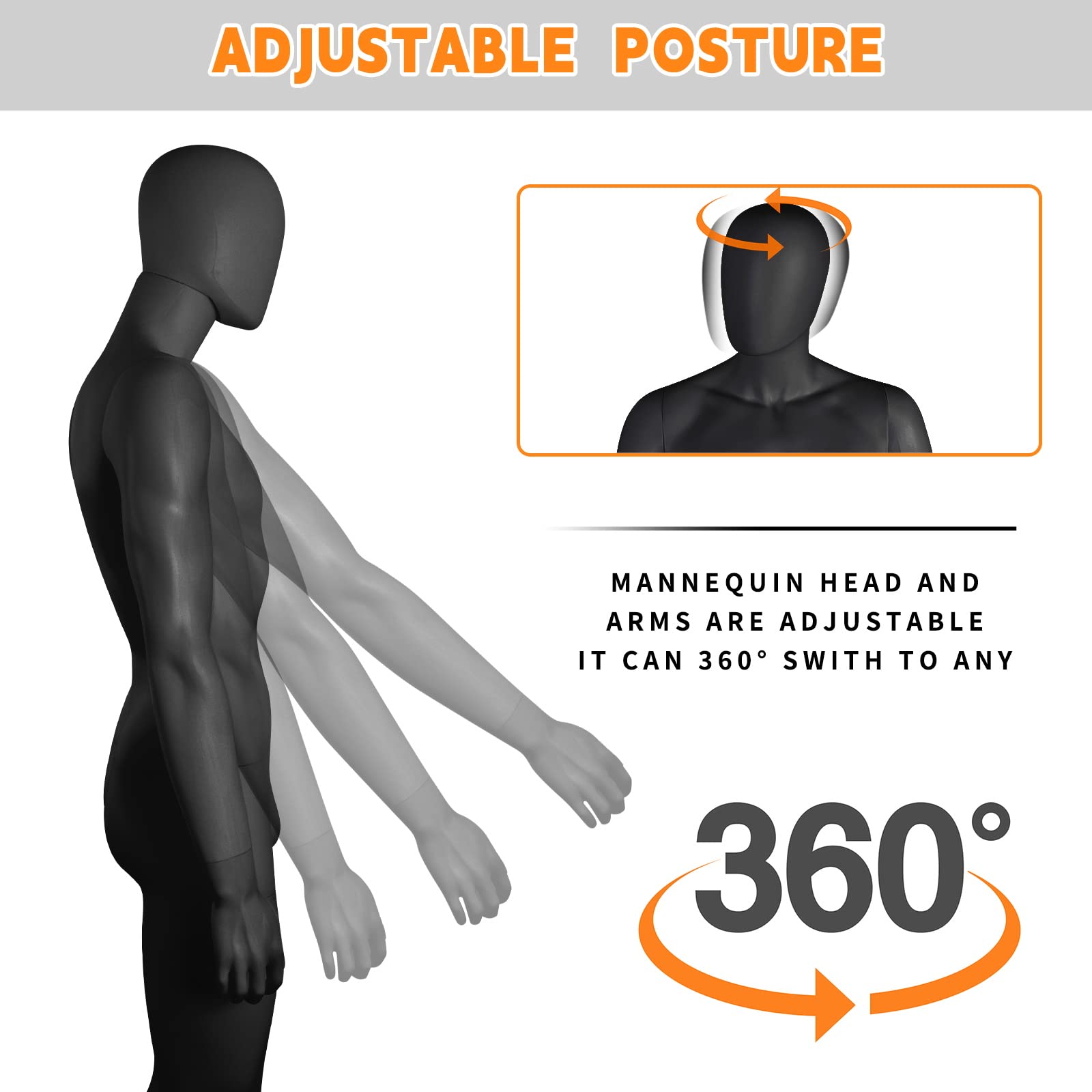 Male Mannequin Full Body Maniquine Model Stand Adjustable 73 inch Faceless Plastic Detachable Manequins Stand Metal Base Metal Connector, Black Matte