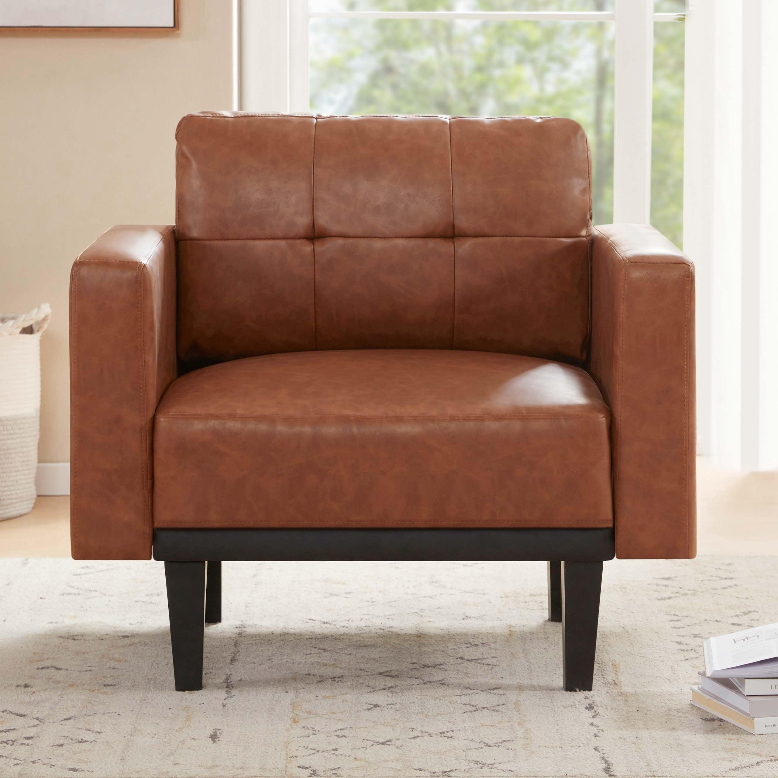 AYEASY Mid-Century Modern Leather Accent Set of 2, Oversized Upholstered Single Sofa Chair with Wood Base & Legs, Comfy Living Room Armchairs for Apartment Bedroom Office Study, Cognac/Espresso, Brown