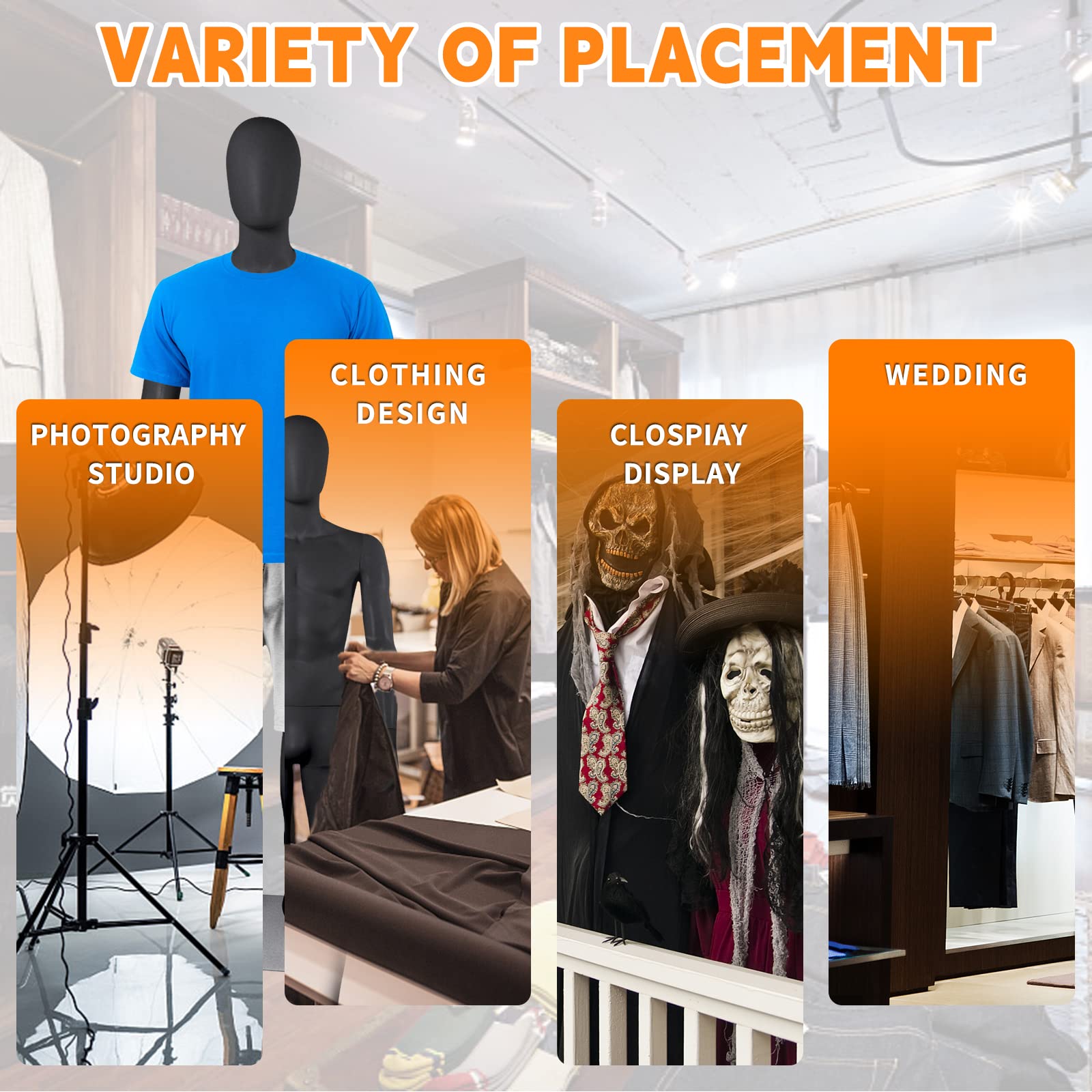Male Mannequin Full Body Maniquine Model Stand Adjustable 73 inch Faceless Plastic Detachable Manequins Stand Metal Base Metal Connector, Black Matte