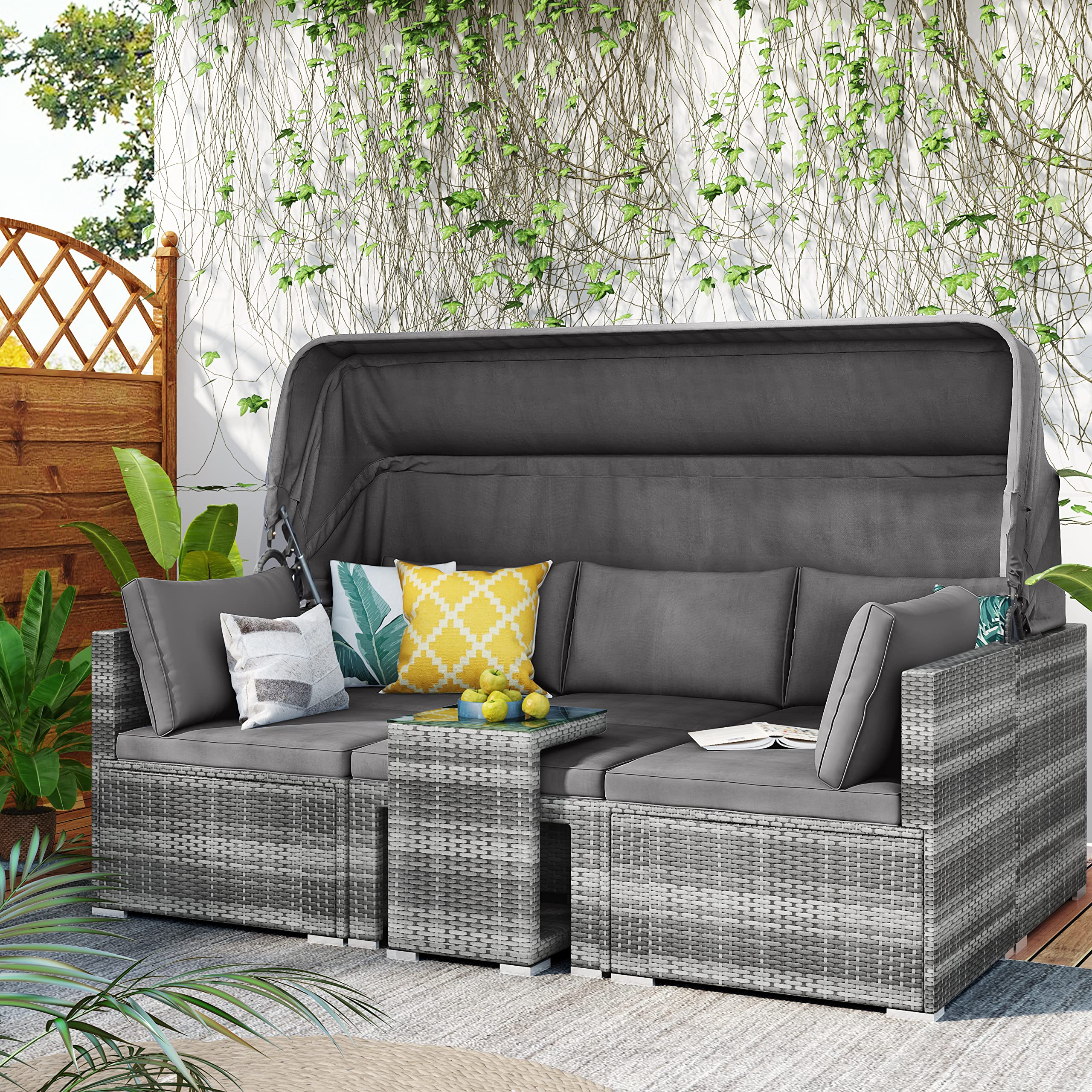 BIADNBZ 5 Pieces Wicker Patio Furniture Set, Outdoor Sectional Sofa PE Rattan Daybed with Retractable Canopy and Tempered Glass Side Table for Garden Poolside Backyard, Gray