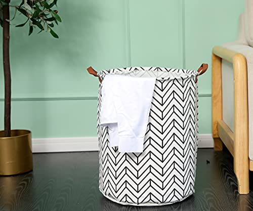 [2 Pack] Collapsible Laundry Basket, Large Round Waterproof Laundry Hamper, Foldable Storage Organizer with Leather Handles for Dirty Clothes (white)
