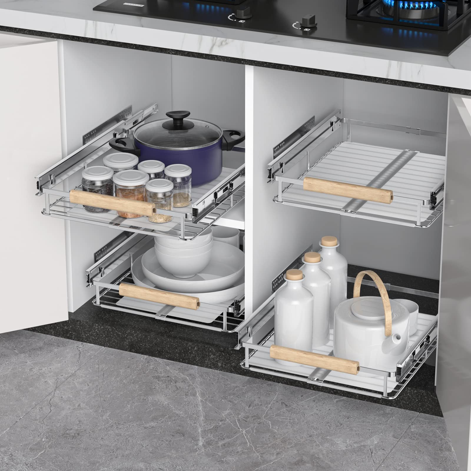 GNEOUS Greal Expandable Cabinet Pull Out Basket Heavy Duty Slide Out Pantry Shelves Under Sink Organizers And Storage For Kitchen, Bathroom, Wardrobe, Cupboard, Adjusted Width 11.8"-18", 1 Pack