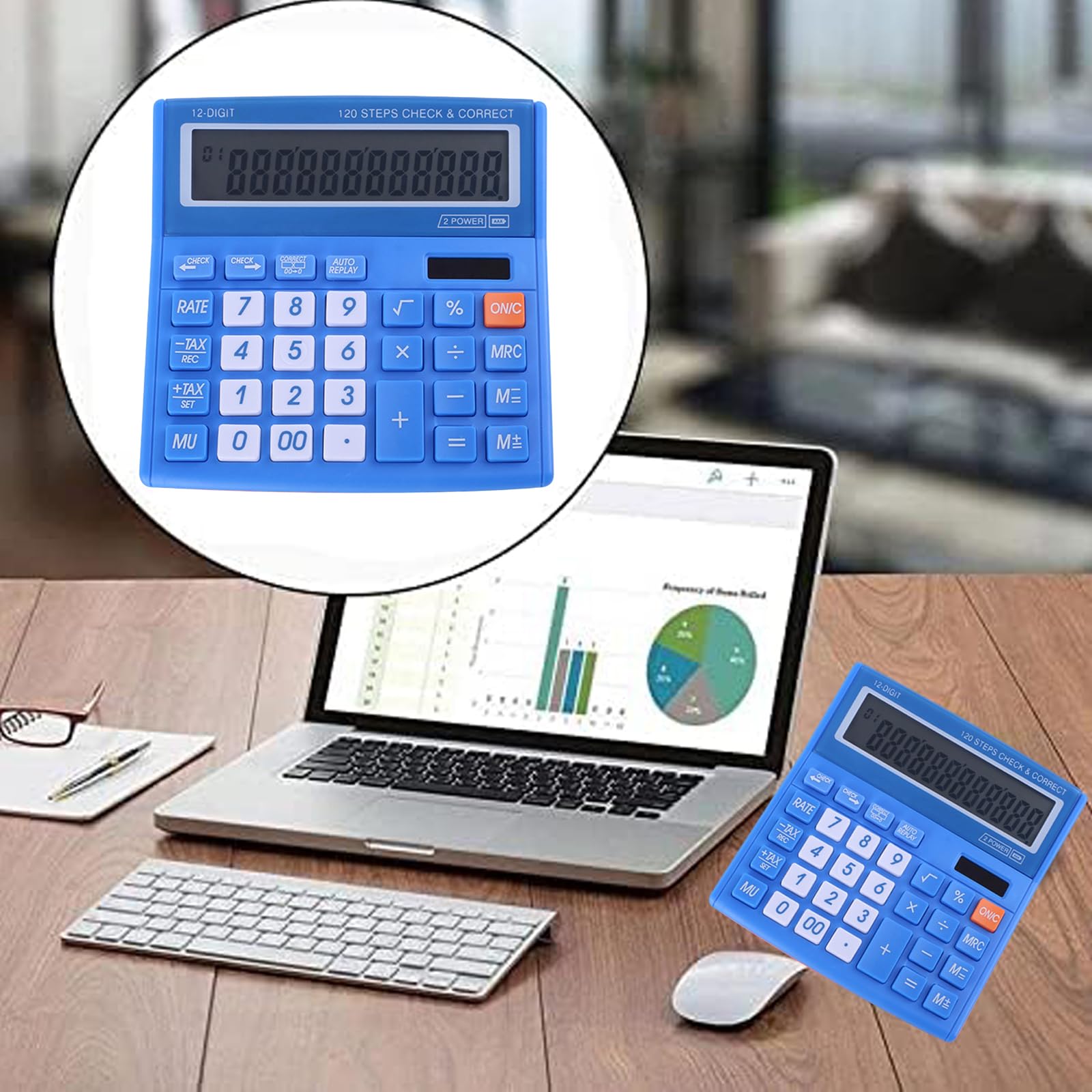 Office Desk Calculator 12 Digits with Solar Power and Easy to Read HD LCD Display, Big Buttons, for Financial Affairs,Home, Office, School, Class and Business,with Battery,Blue