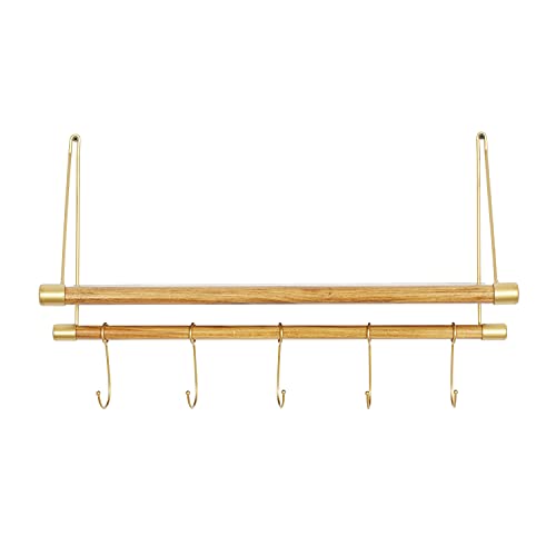 Deco 79 Wood 1 Shelf and 5 Hangers Wall Hook, 23" x 6" x 14", Gold