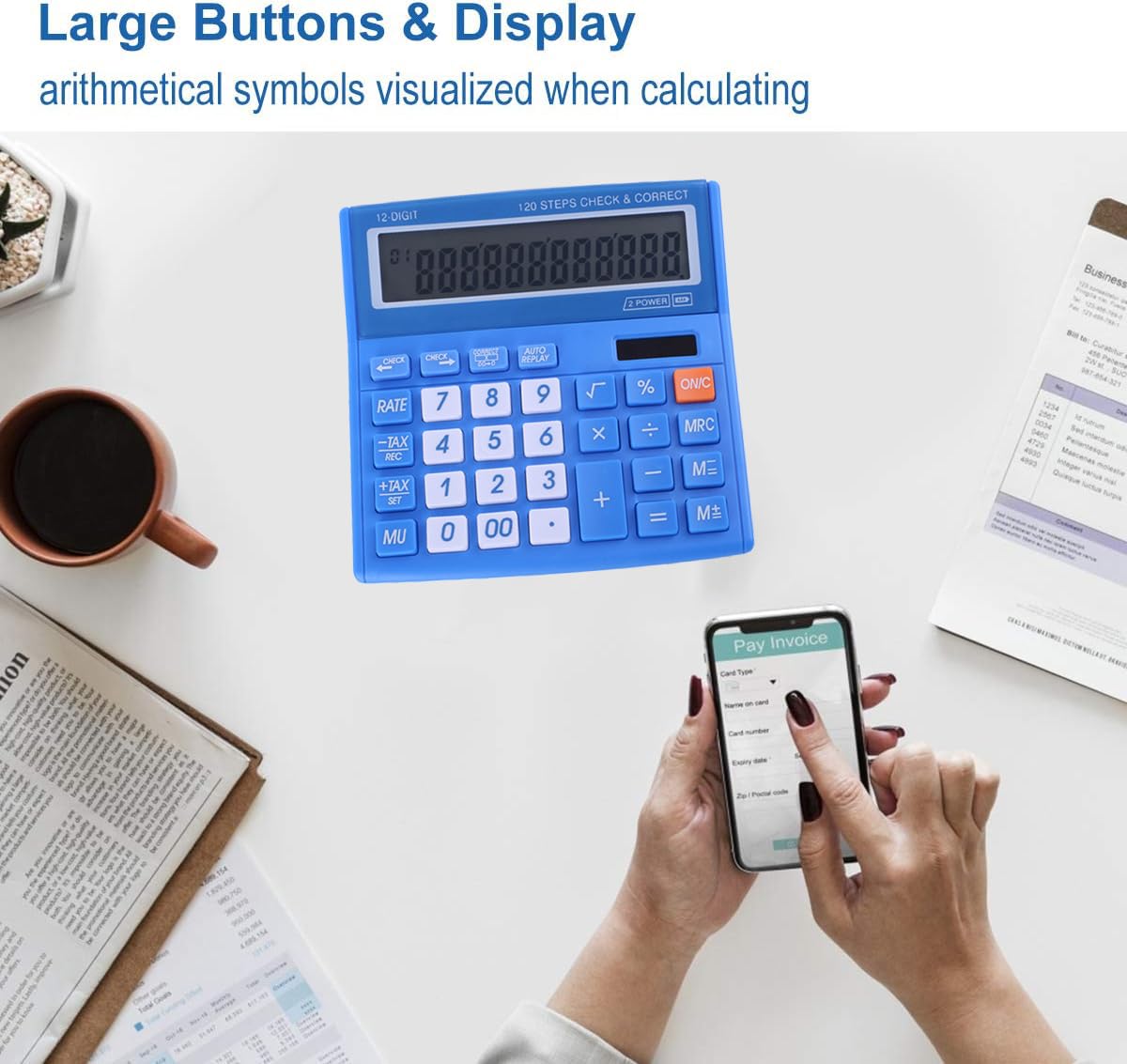 Office Desk Calculator 12 Digits with Solar Power and Easy to Read HD LCD Display, Big Buttons, for Financial Affairs,Home, Office, School, Class and Business,with Battery,Blue