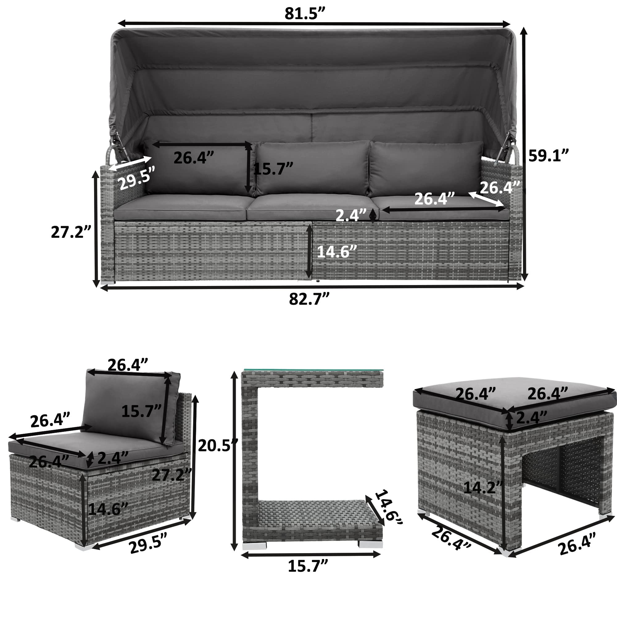 BIADNBZ 5 Pieces Wicker Patio Furniture Set, Outdoor Sectional Sofa PE Rattan Daybed with Retractable Canopy and Tempered Glass Side Table for Garden Poolside Backyard, Gray