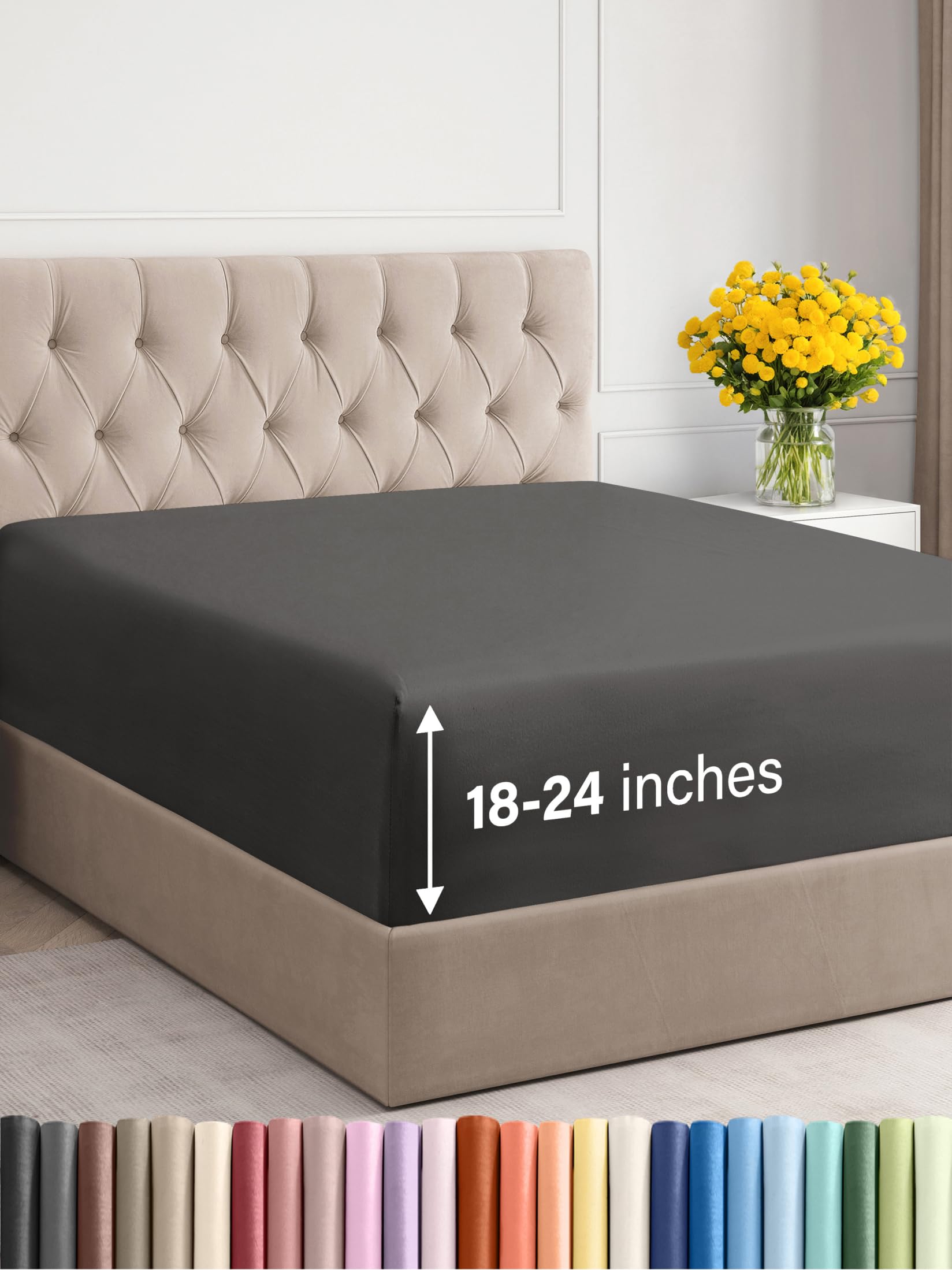 Extra Deep Full Fitted Sheet - Hotel Luxury Single Fitted Sheet Only - Easily Fits 18 inch to 24 inch Mattress - Ultra Soft, Wrinkle & Fade Free w/Extra Deep Pockets - Breathable & Comfy - Charcoal