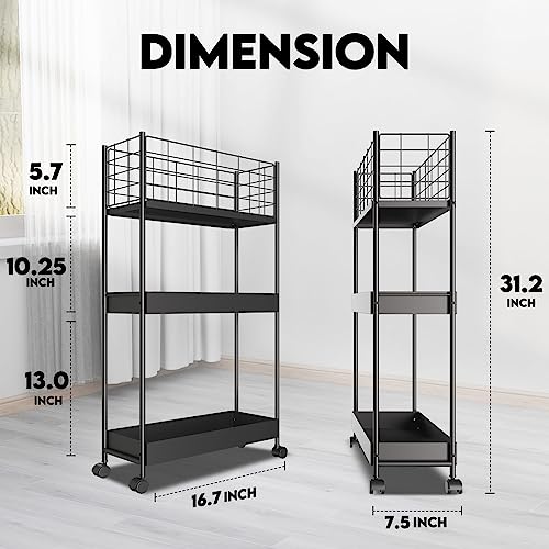 FANSPRO Slim Storage Cart, 3 Tier Metal Utility Cart with Wheels, Mobile Rolling Kitchen Cart Slide Out Narrow Storage Cart for Laundry Room Bathroom Small Spaces, Black