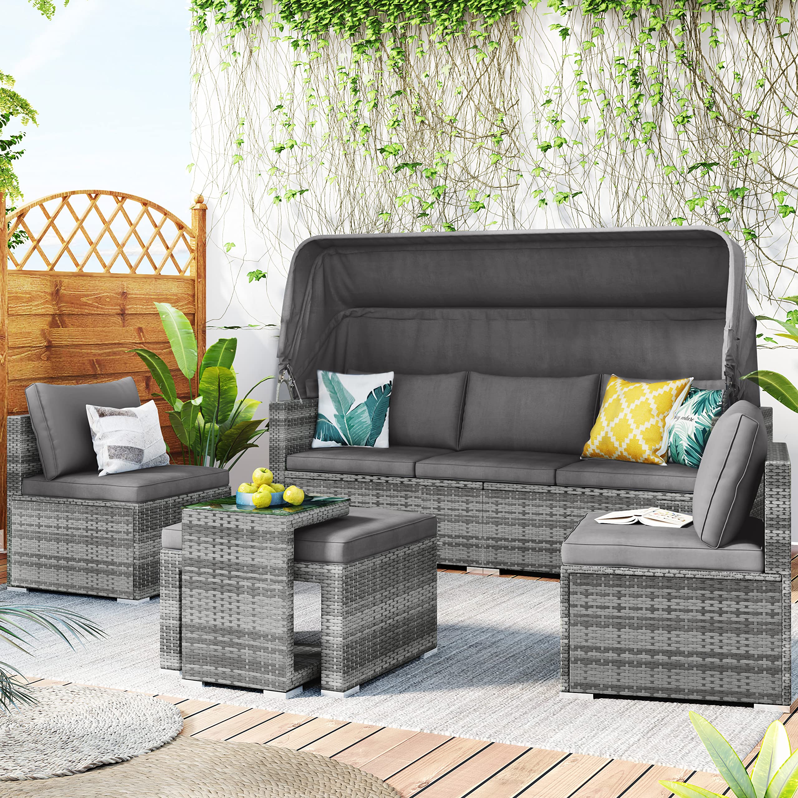 BIADNBZ 5 Pieces Wicker Patio Furniture Set, Outdoor Sectional Sofa PE Rattan Daybed with Retractable Canopy and Tempered Glass Side Table for Garden Poolside Backyard, Gray