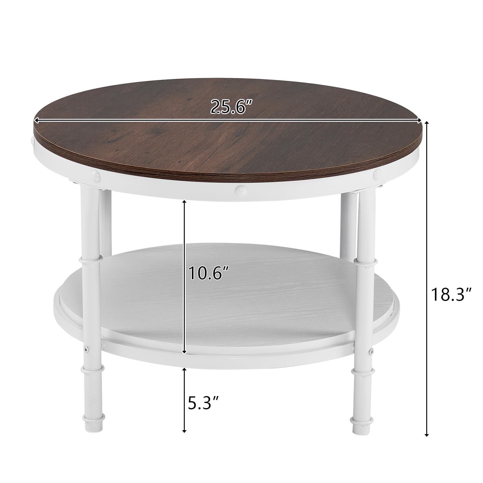 VINGLI 25.6" Rustic Oak White Round Farmhouse Coffee Table, 2-Tier Storage Wood Center Circle Accent Table for Living Room, Bedroom, Apartment, Studio and Small Spaces, Sturdy Metal Frame