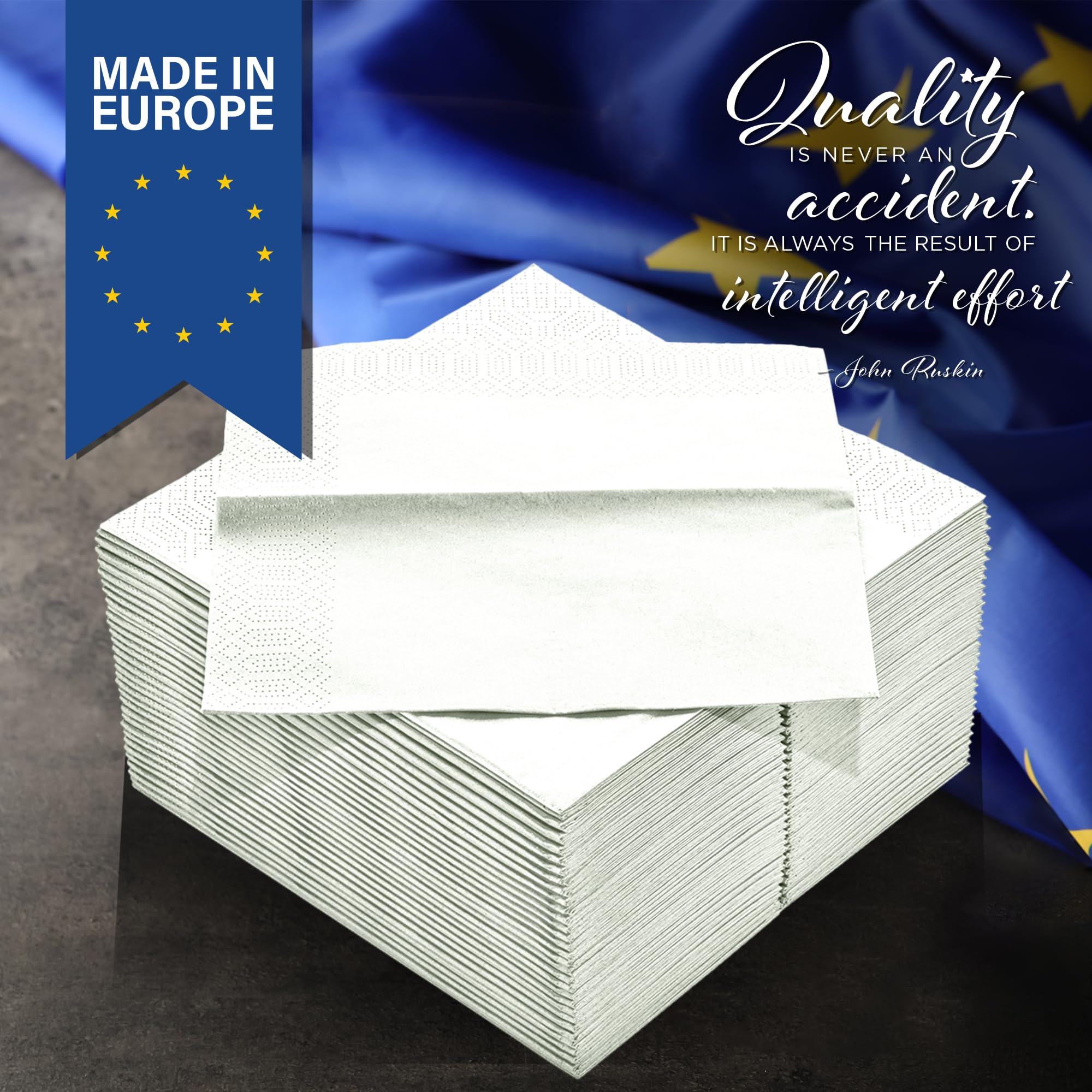 White Lunch Napkins, 3-Ply Disposable Paper Napkins-Bar 1/8 Folded, Dinners, Weddings, Birthday, EU Made, (250 Count)