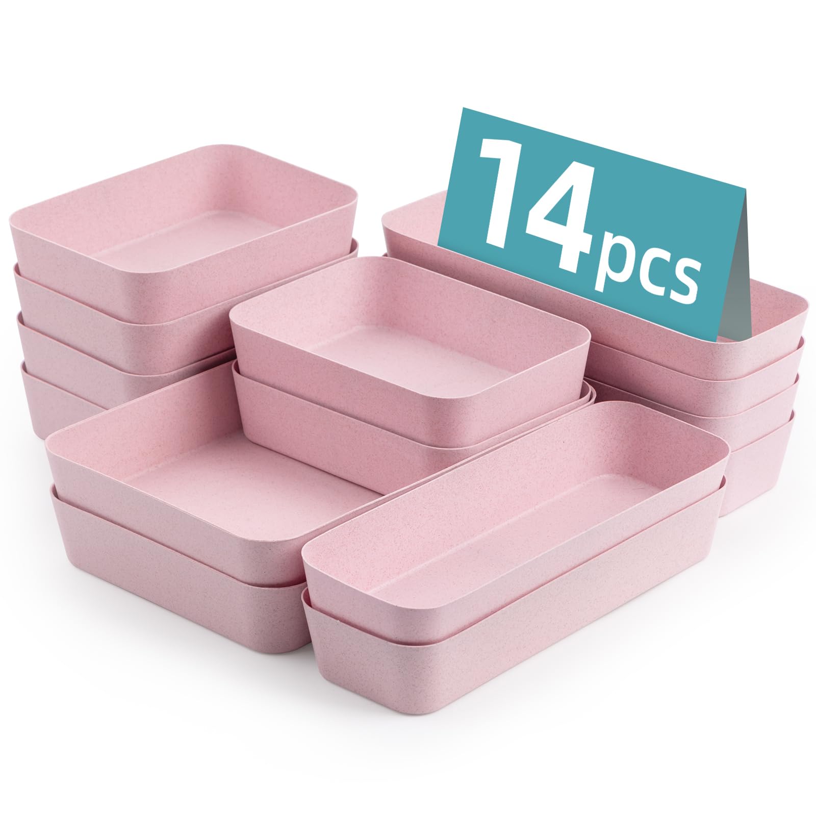 Joyask 14 PCS Desk Drawer Organizer Large Bathroom Drawer Organizers Pink Wheat Straw Vanity Organizers Trays for Drawers 3-Size Makeup Drawer Organizer Fits Makeup Bedroom Kitchen and Office