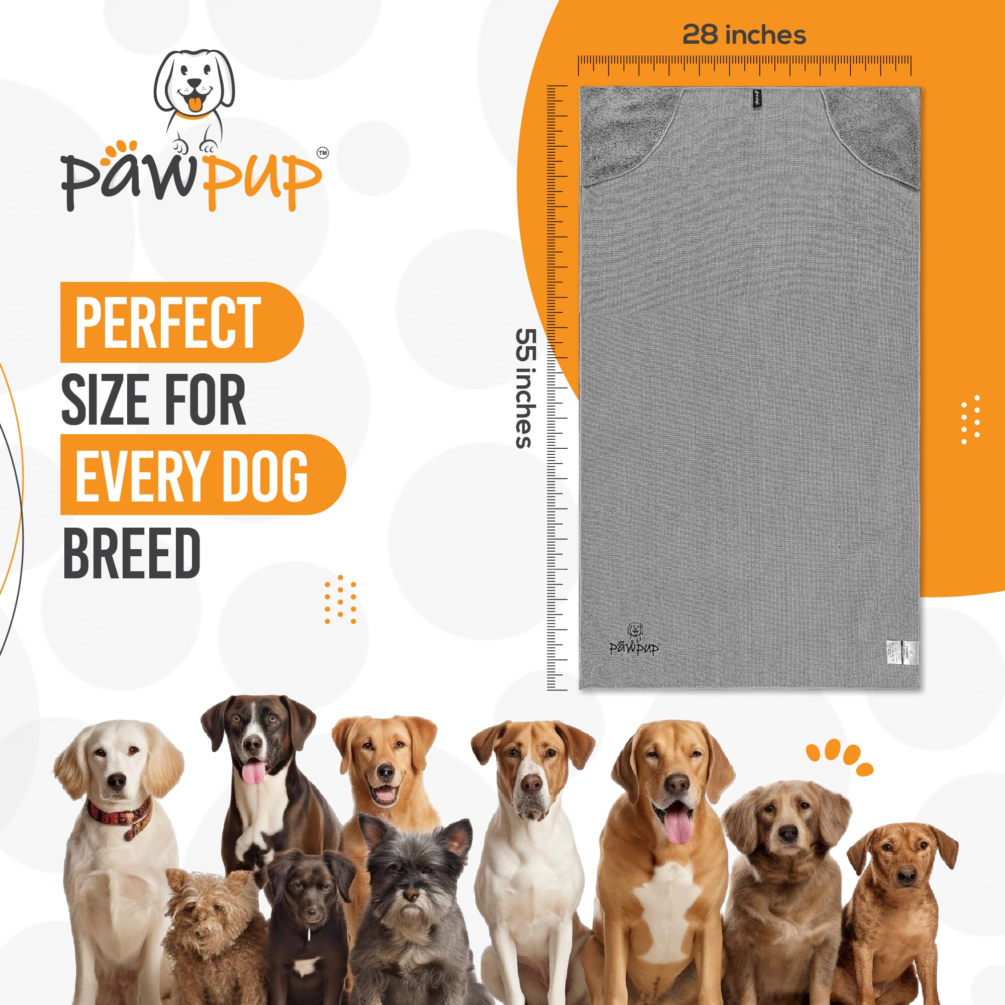 PAWPUP Dog Towels for Drying Dogs Super Absorbent Microfiber Pet Grooming Towel for Dogs, Cats and Other Pets (55 x 28 Inches, Grey)