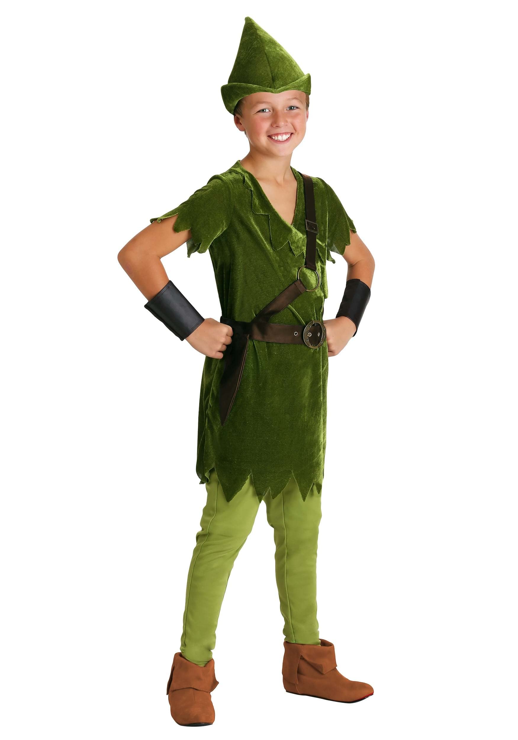 Kids Peter Pan Costume with Hat, Shirt, Tights, Belt/Harness and Wrist Cuffs Green