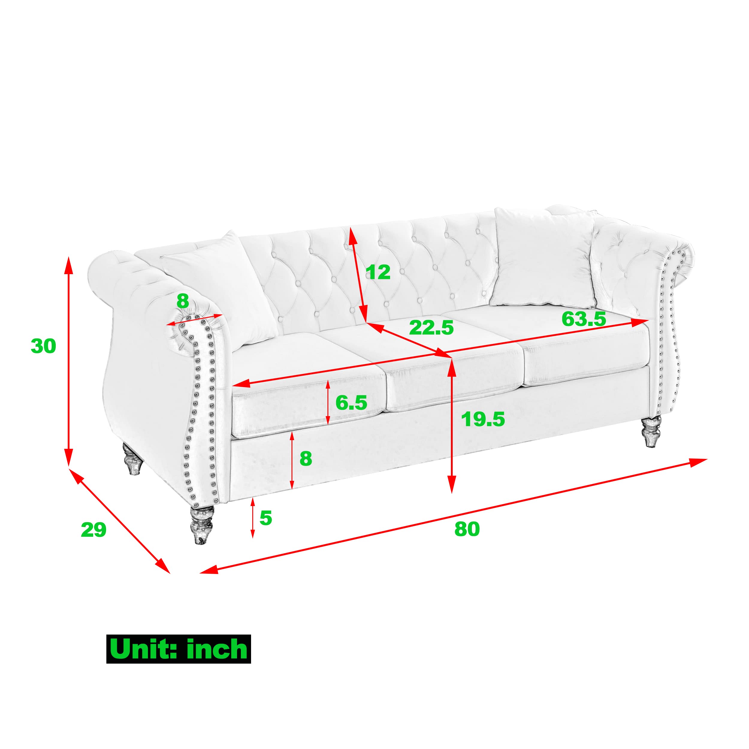 80" Chesterfield Sofa Couch Velvet 3-Seater Sofa with Two Pillows, Nailhead & Rolled Arms Upholstered Sofa with Curved Backrest Solid Wood Legs for Living Room, Bedroom, Office (Beige)