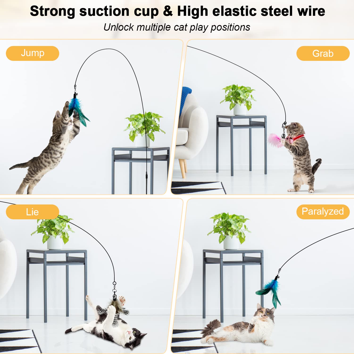 Madgern Cat Toys Interactive Wand Feather Cat Toy Equipped with Double Head Super Sucker&6 in 1 Hands-Free Natural Bird Badminton Pets Indoor Dance Play Toy