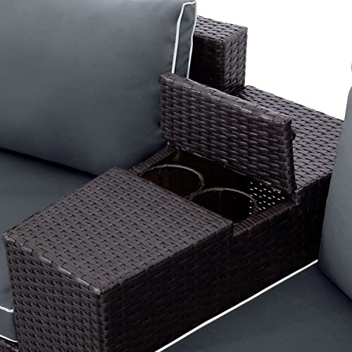 DHPM Patio Sectional 6-Piece Half-Moon Curved Outdoor Sofa, PE Wicker Conversation Furniture Set w Storage Side Umbrella and One Round Table, Brown+Gray