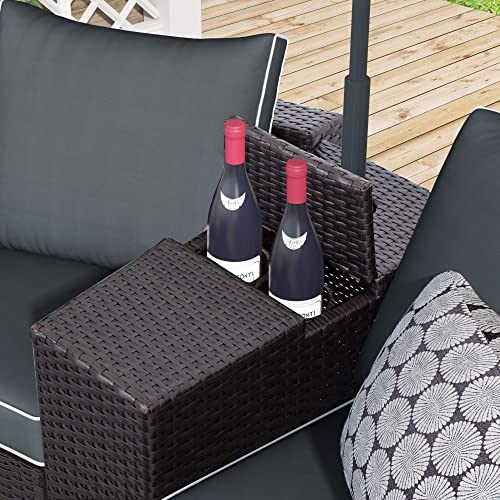 DHPM Patio Sectional 6-Piece Half-Moon Curved Outdoor Sofa, PE Wicker Conversation Furniture Set w Storage Side Umbrella and One Round Table, Brown+Gray