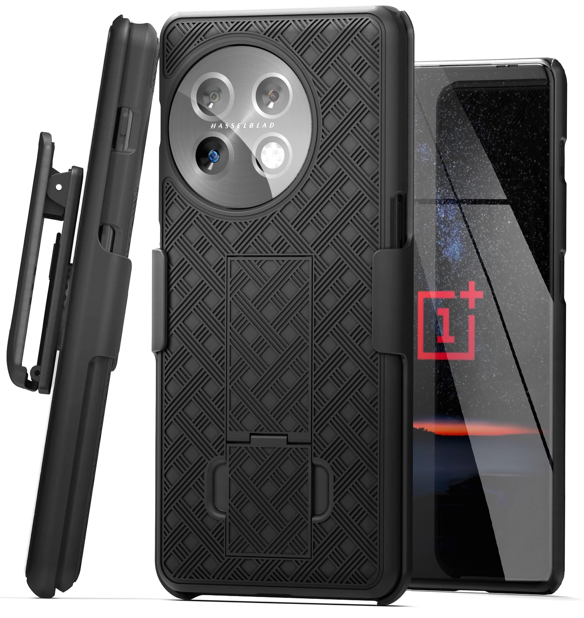 Encased DuraClip for OnePlus 11 5G Phone Case with Belt Holster Clip and Kickstand (Matte Black)