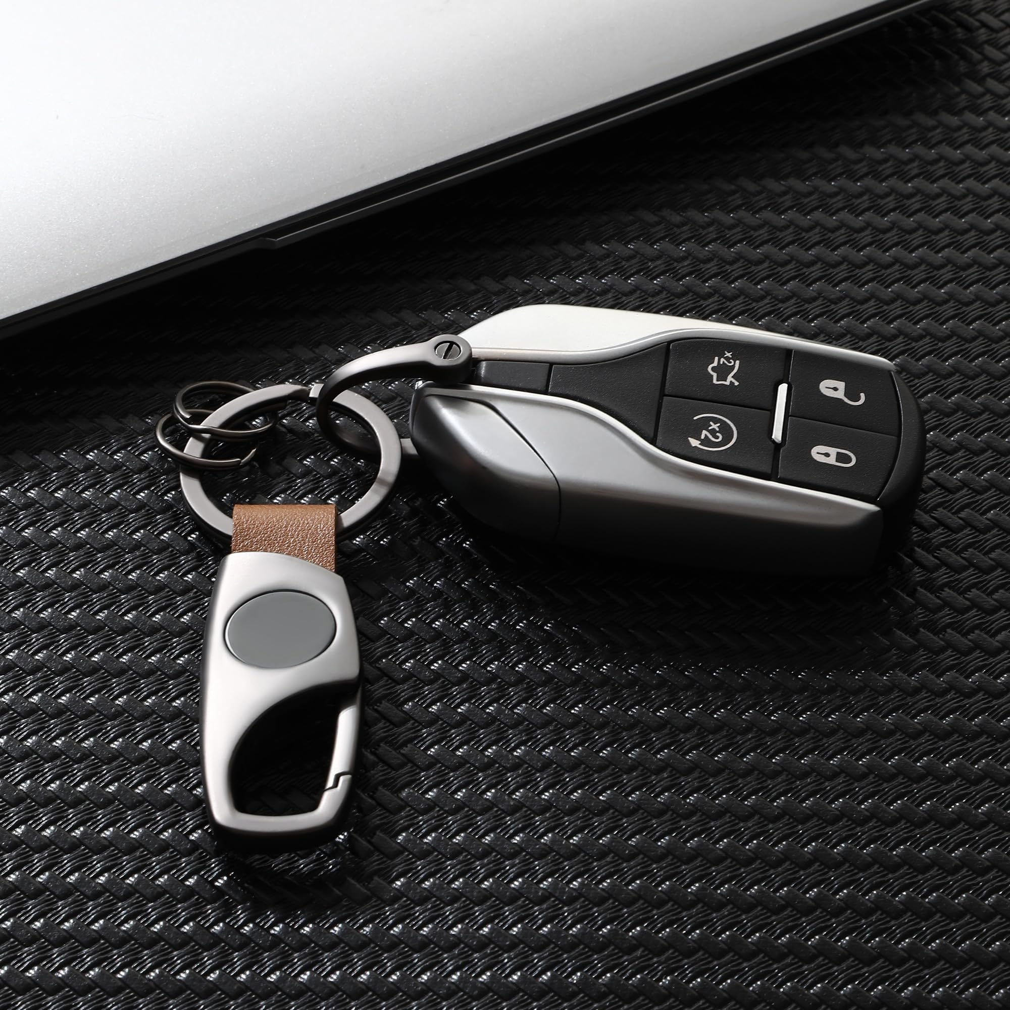 Gkeygo Carabiner Keychain, Key Chains for Car Key with 2 Key Rings and Anti-Lost D-Ring, Multifunctional Keychains for Men and Women β Grey(Brown Leather)