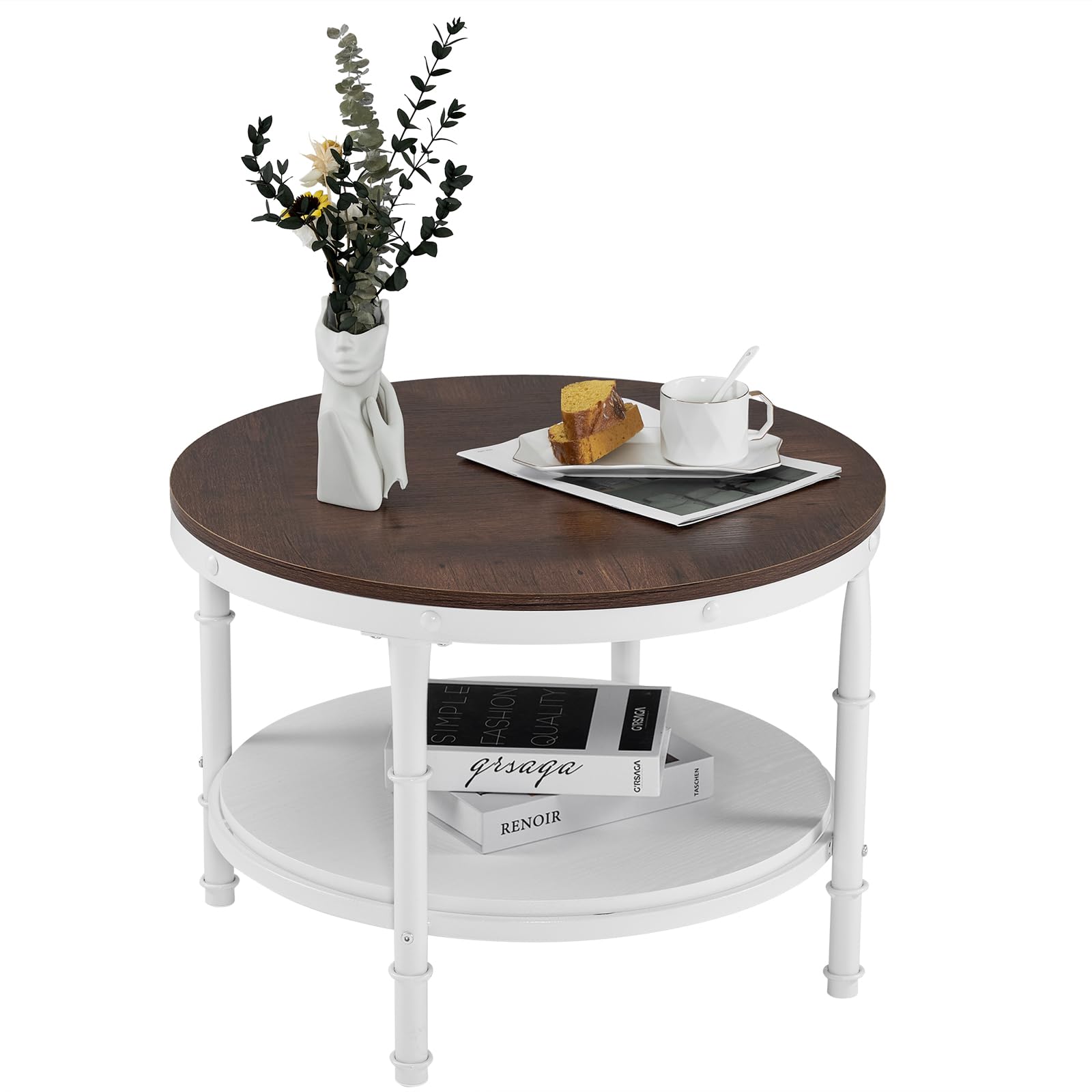 VINGLI 25.6" Rustic Oak White Round Farmhouse Coffee Table, 2-Tier Storage Wood Center Circle Accent Table for Living Room, Bedroom, Apartment, Studio and Small Spaces, Sturdy Metal Frame