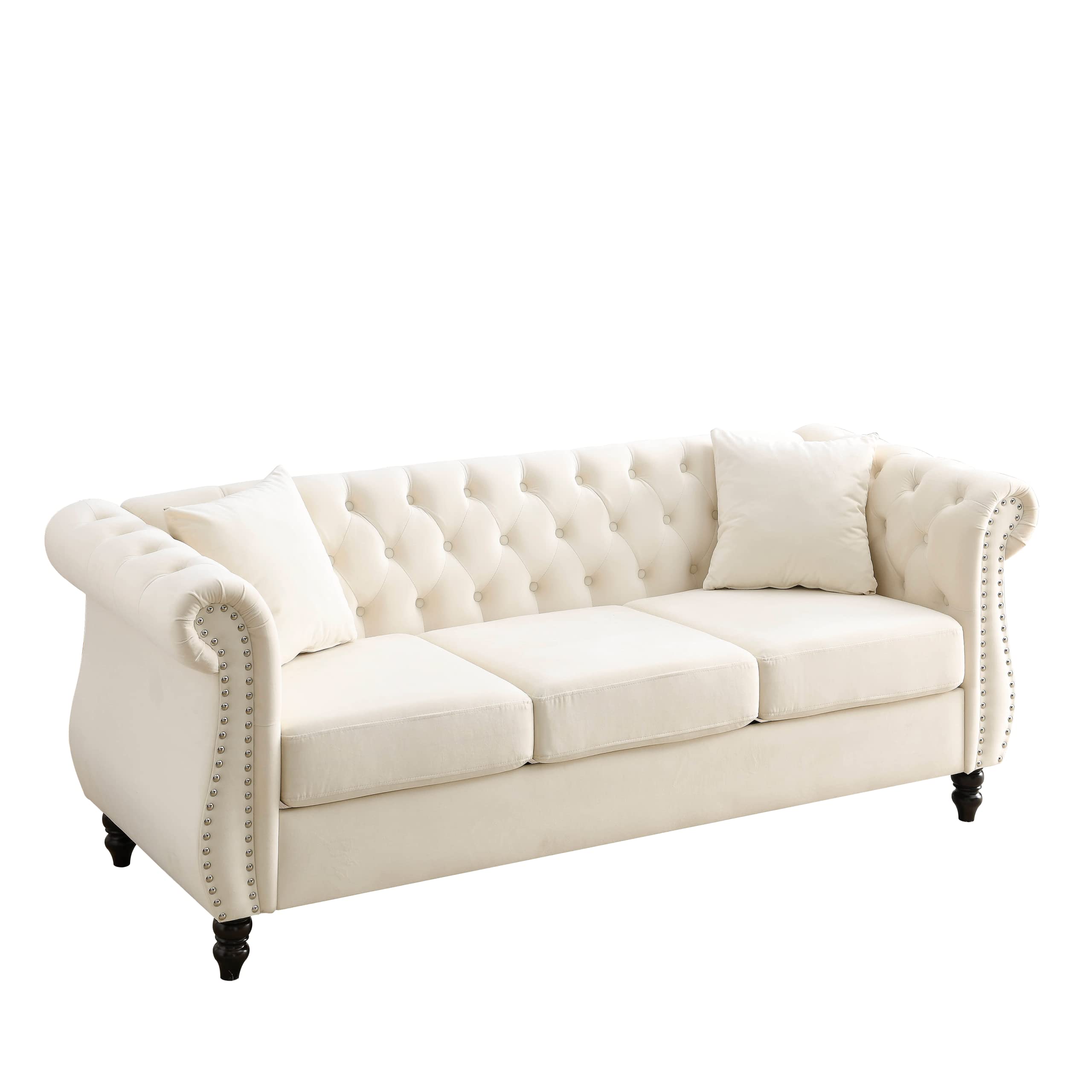 80" Chesterfield Sofa Couch Velvet 3-Seater Sofa with Two Pillows, Nailhead & Rolled Arms Upholstered Sofa with Curved Backrest Solid Wood Legs for Living Room, Bedroom, Office (Beige)