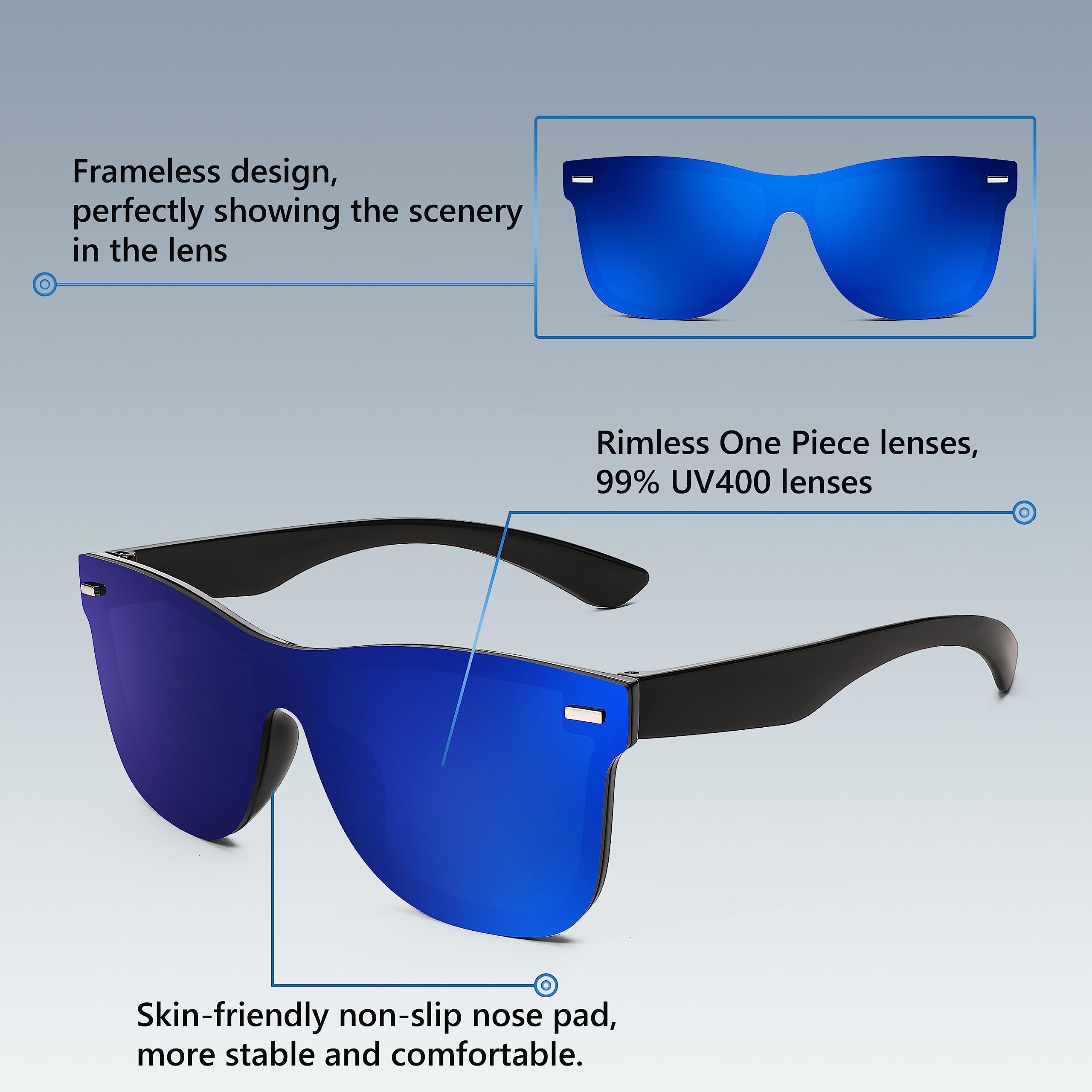 FEISEDY Trendy Rimless Mirrored One Piece Lens Sunglasses Reflective Sun Glasses B4114