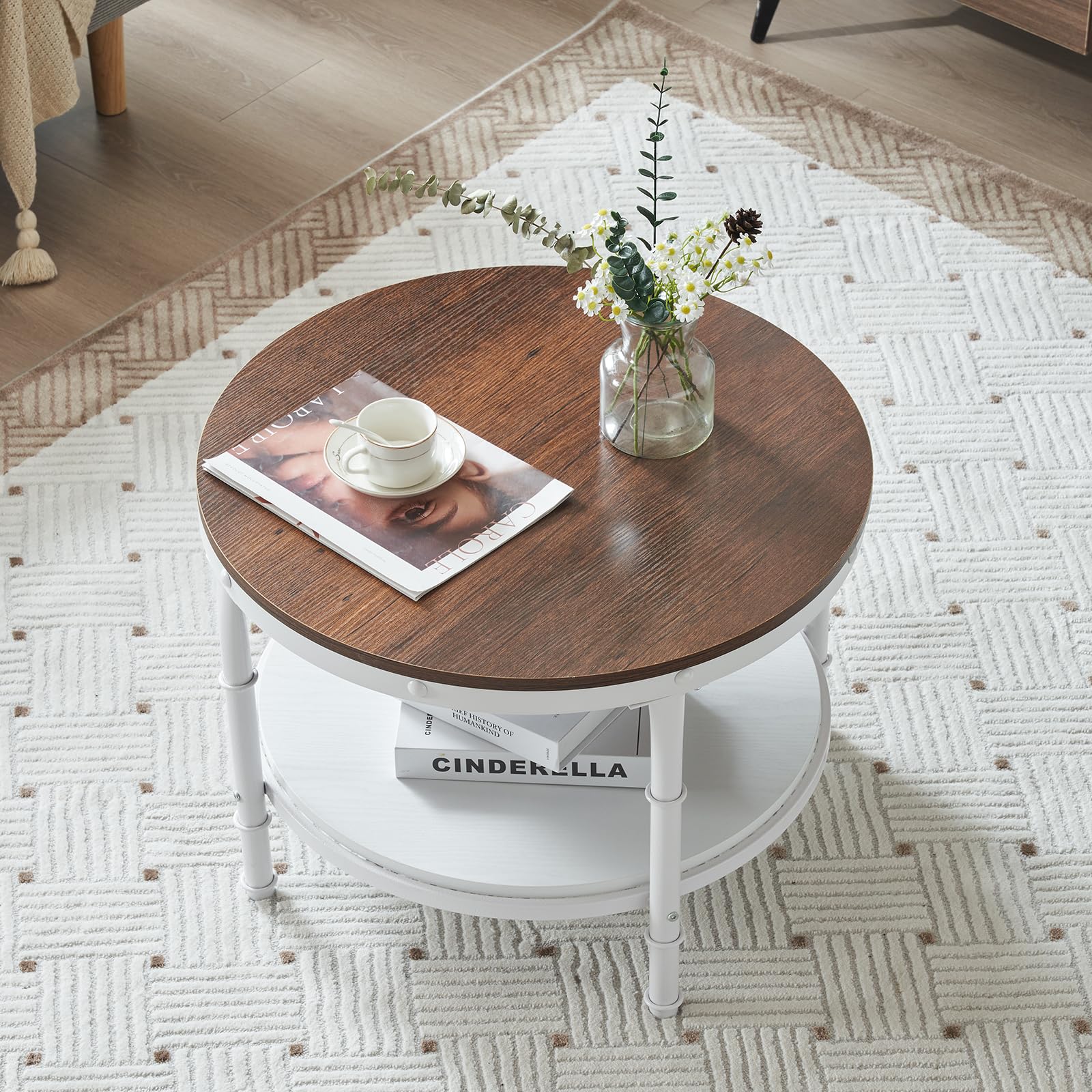 VINGLI 25.6" Rustic Oak White Round Farmhouse Coffee Table, 2-Tier Storage Wood Center Circle Accent Table for Living Room, Bedroom, Apartment, Studio and Small Spaces, Sturdy Metal Frame