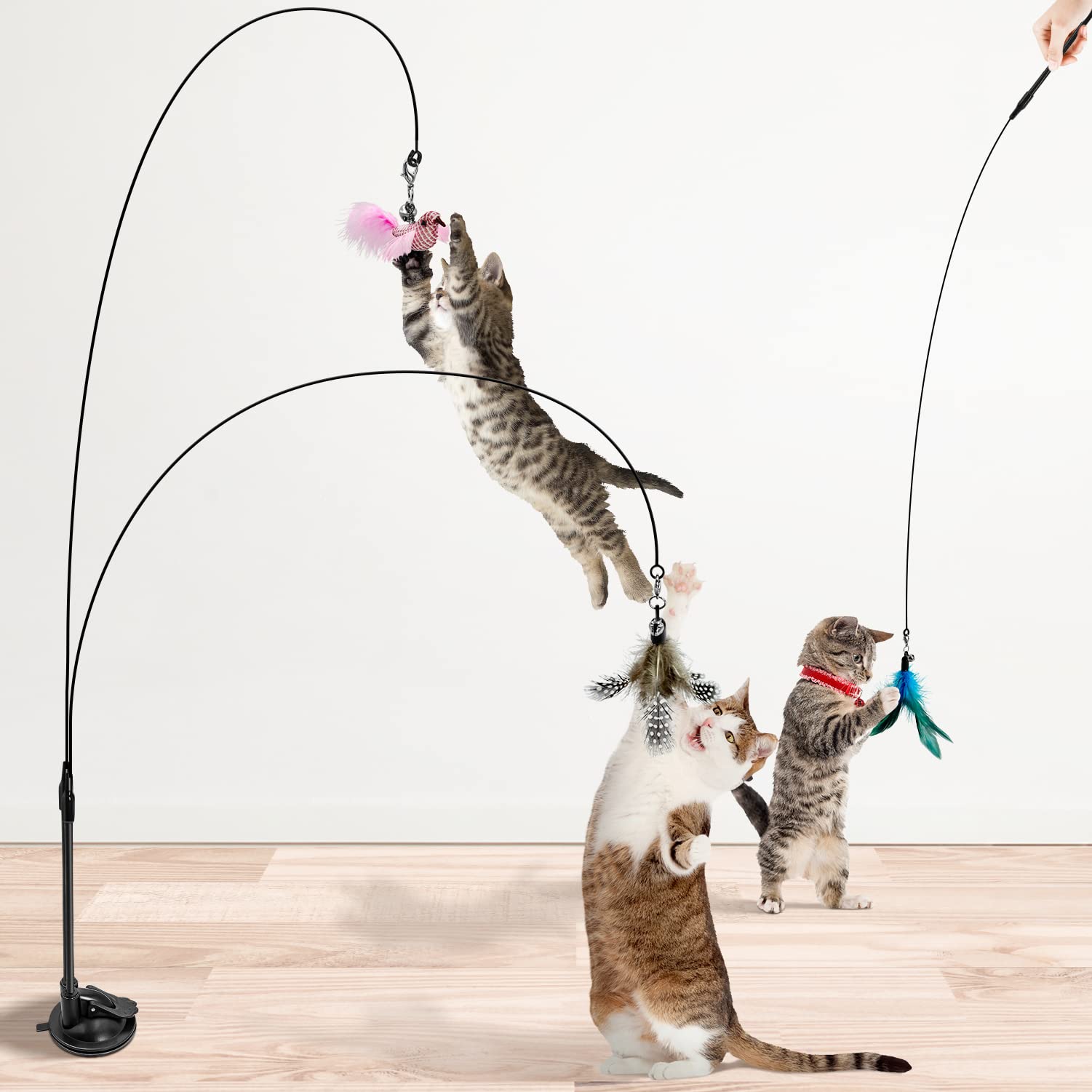 Madgern Cat Toys Interactive Wand Feather Cat Toy Equipped with Double Head Super Sucker&6 in 1 Hands-Free Natural Bird Badminton Pets Indoor Dance Play Toy