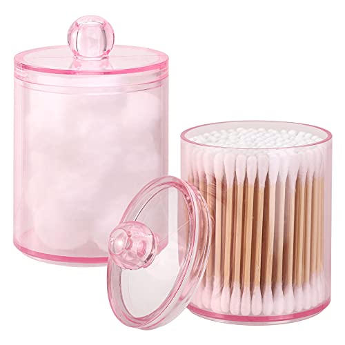 Tbestmax 2 Pack Qtip Holder Bathroom Jars Canisters for Cotton Ball Swab Pad Storage Dispenzer, Pink 10-Ounce