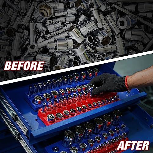 ALOANES 52-Slot Magnetic Socket Organizer, 2PC Socket Holder Kit, 1/4-inch Drive Premium Socket Tray Holders,for Standard and Deep Metric SAE Sockets, Heavy Duty Tools Organizer(Red&Blue)