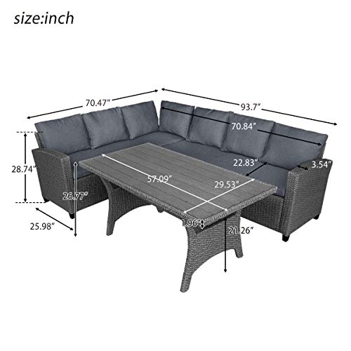 HHOK Patio PE Rattan Wicker Conversation Weather Sectional Sofa Set with Table & Soft Cushions, B-Gray Outdoor Furniture