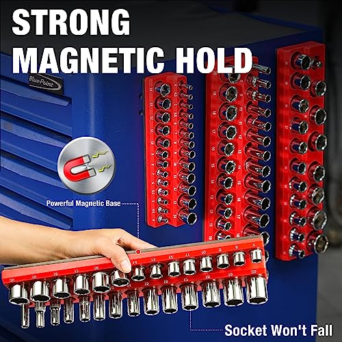 ALOANES 52-Slot Magnetic Socket Organizer, 2PC Socket Holder Kit, 1/4-inch Drive Premium Socket Tray Holders,for Standard and Deep Metric SAE Sockets, Heavy Duty Tools Organizer(Red&Blue)