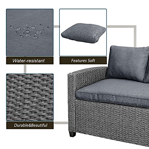 HHOK Patio PE Rattan Wicker Conversation Weather Sectional Sofa Set with Table & Soft Cushions, B-Gray Outdoor Furniture