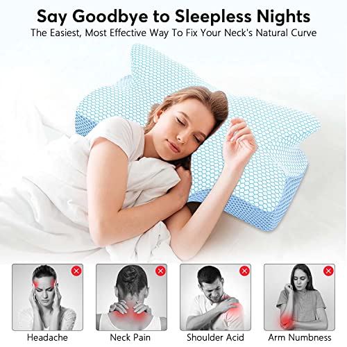 Anvo Cervical Neck Pillow for Neck and Shoulder Pain - Memory Foam Neck Pillows for Pain Relief Sleeping, Side Sleeper Pillow, Contour Orthopedic Soft Pillow for Back Stomach Sleeper - Blue