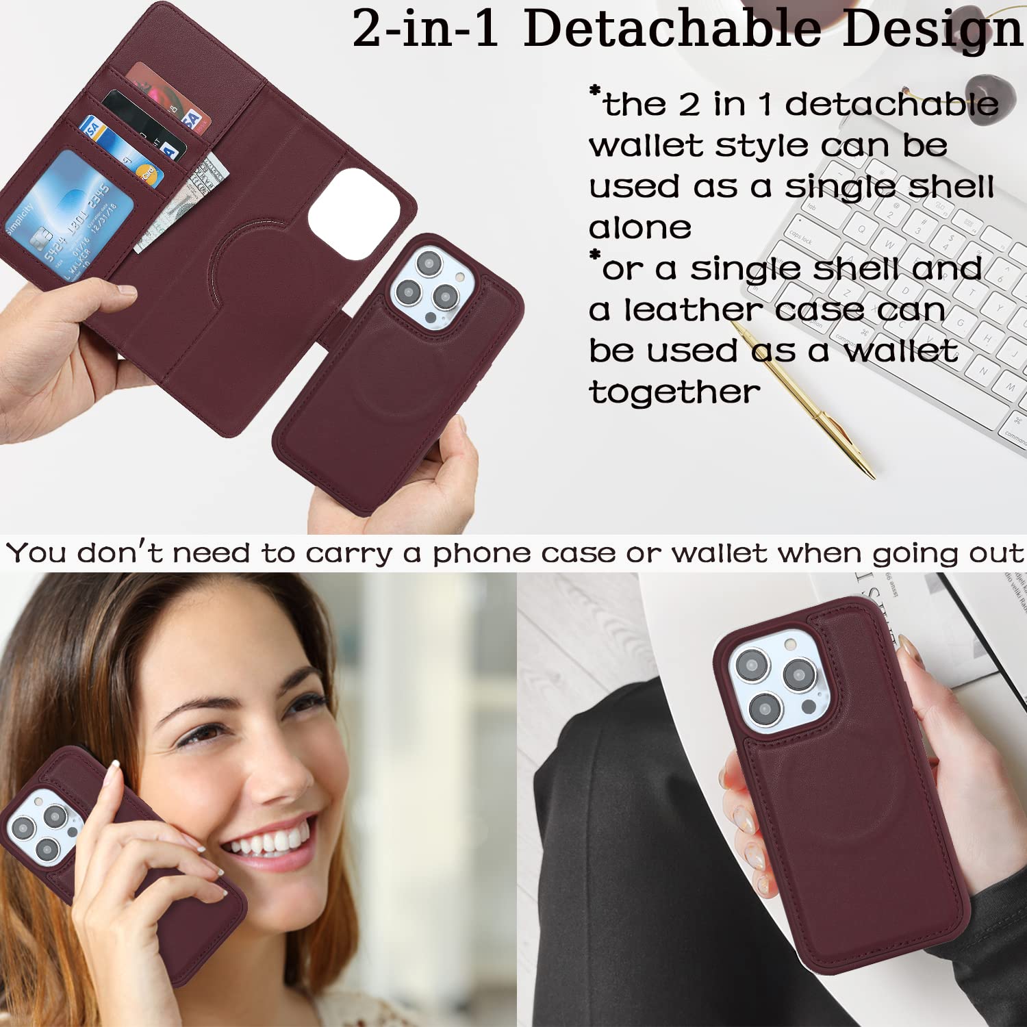 Havaya for iPhone 14 pro max Phone case Wallet for Women iPhone 14 pro max Wallet case Magsafe Compatible with Card Holder flip Folio Detachable Magnetic Leather Phone Cover-Wine Red