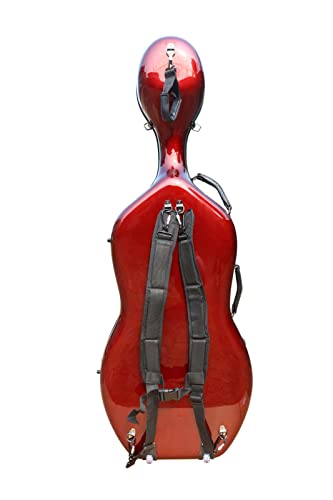 Hard Cello Case 4/4 Full Size Mixed Carbon Fiber Strong & Ultralight Cello Box with 2 Bow Holders & 2 Strong Handle & 2 Back Straps & Wheels Cello Bag (Red)