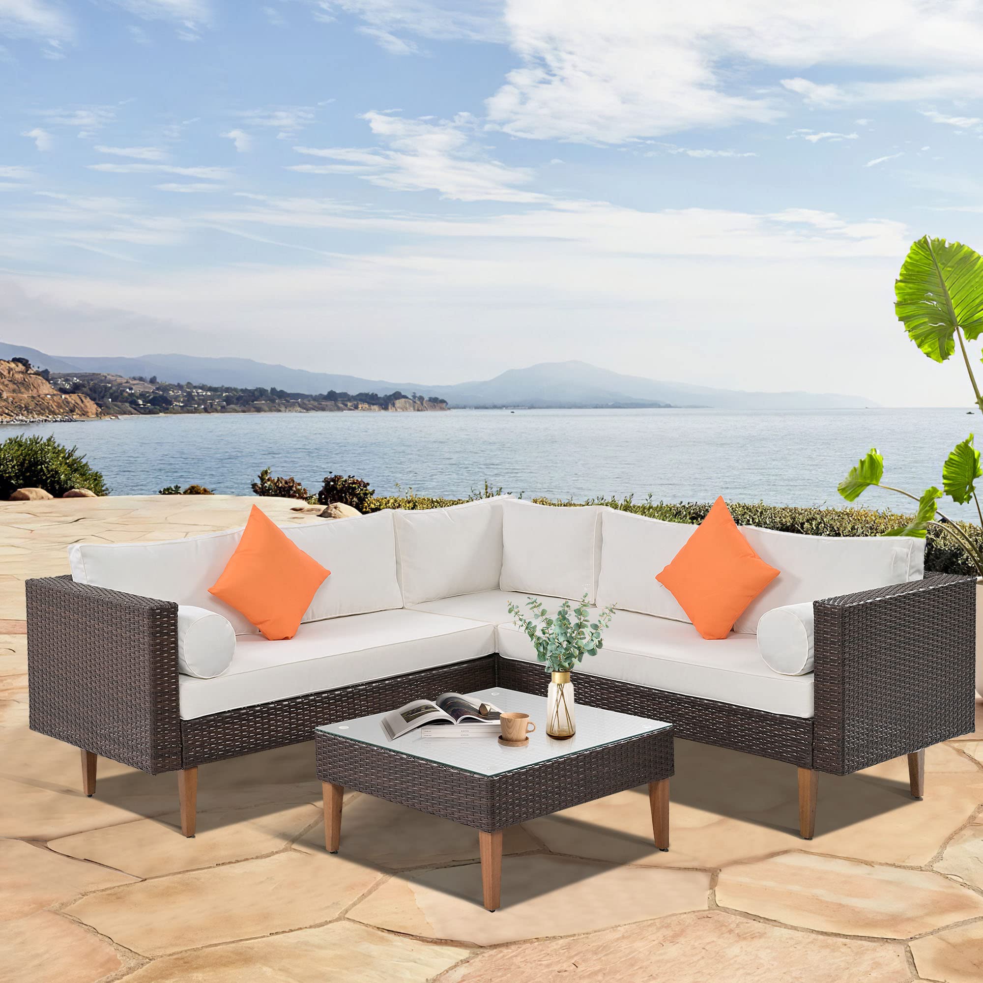 ERYE 4 Pieces Outdoor PE Rattan Wicker Set with Loveseat2,Coffee Table and Corner, L-Shaped Patio Furniture Conversation Sectional Sofa & Couch with Colorful Pillows, Beige+Brown