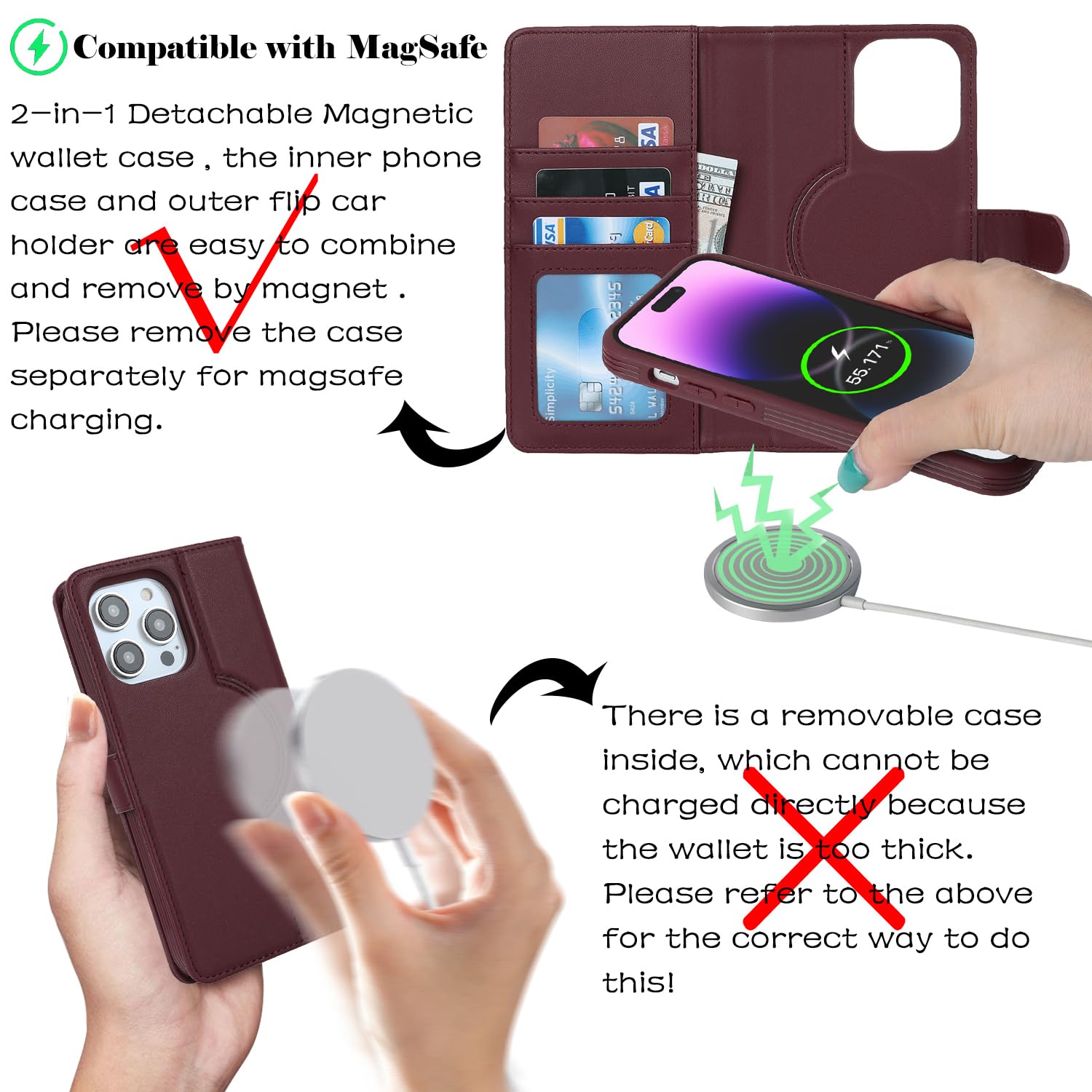 Havaya for iPhone 14 pro max Phone case Wallet for Women iPhone 14 pro max Wallet case Magsafe Compatible with Card Holder flip Folio Detachable Magnetic Leather Phone Cover-Wine Red