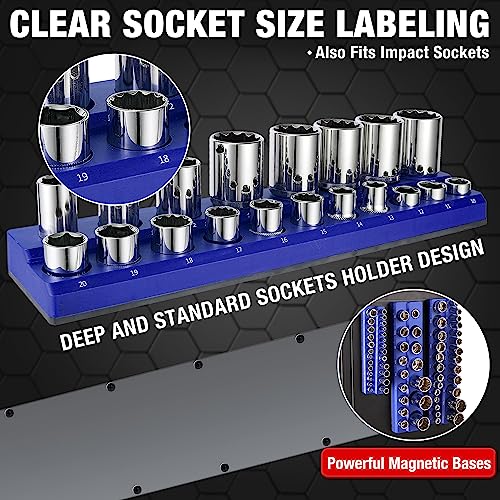 ALOANES 52-Slot Magnetic Socket Organizer, 2PC Socket Holder Kit, 1/4-inch Drive Premium Socket Tray Holders,for Standard and Deep Metric SAE Sockets, Heavy Duty Tools Organizer(Red&Blue)