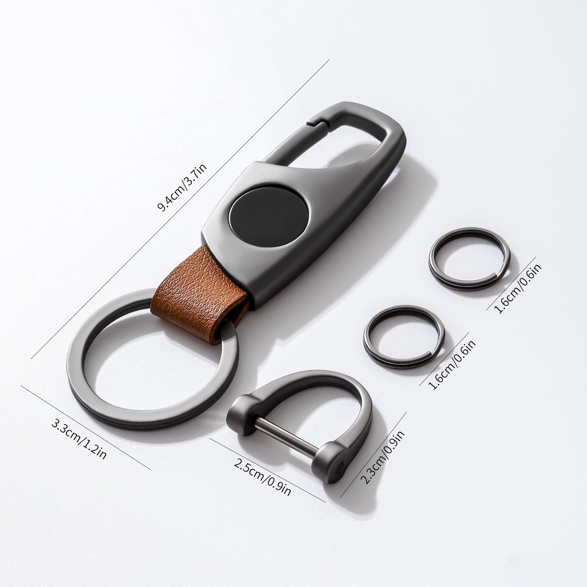 Gkeygo Carabiner Keychain, Key Chains for Car Key with 2 Key Rings and Anti-Lost D-Ring, Multifunctional Keychains for Men and Women β Grey(Brown Leather)