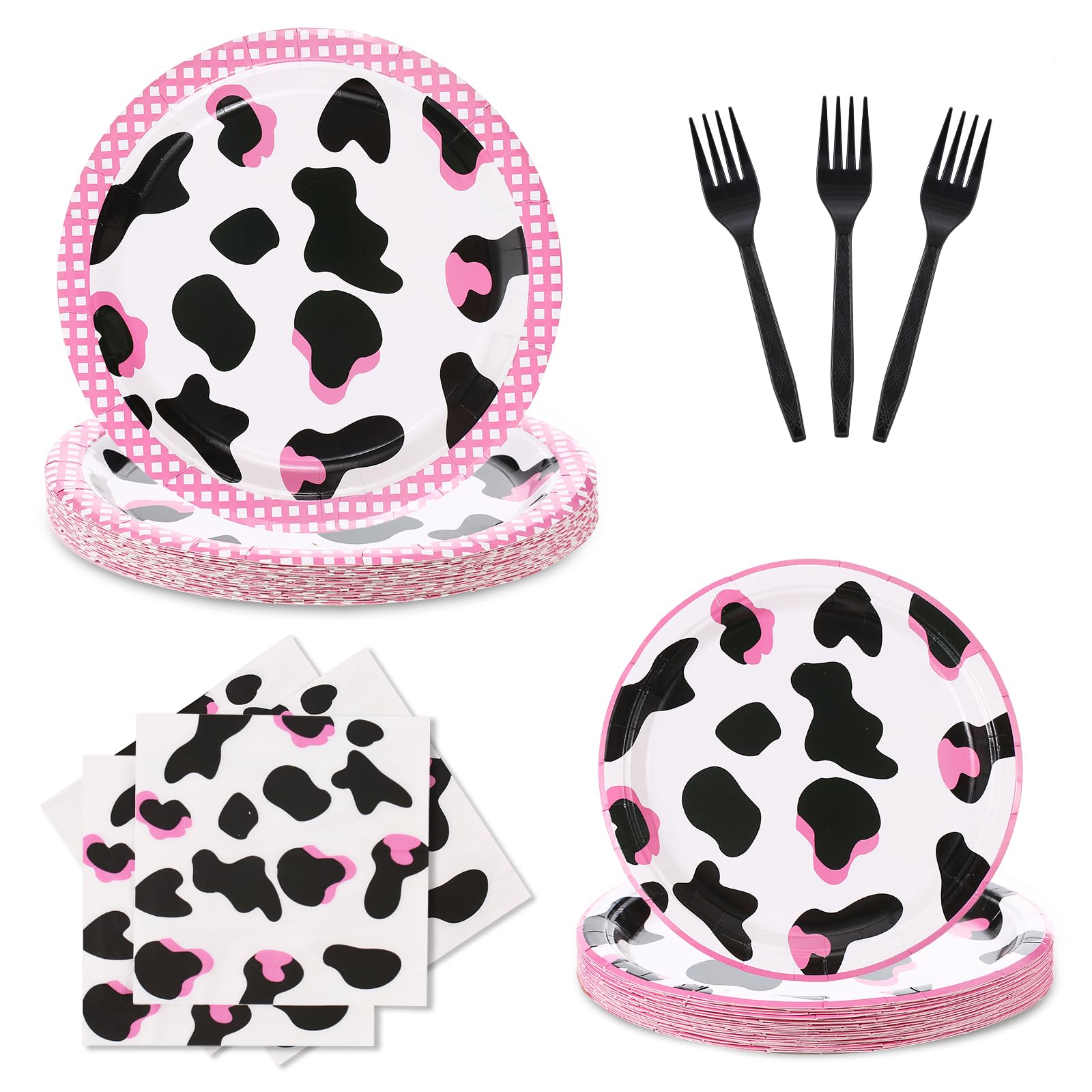 Cow Print Party Supplies 96Pcs, HYMENEX Pink Cow Theme Party Tableware Supplies Set Include Plates, Napkins, Forks for Cow Print Party Decorations Cow Theme Farm Animal Party Supplies Serves 24 Guests