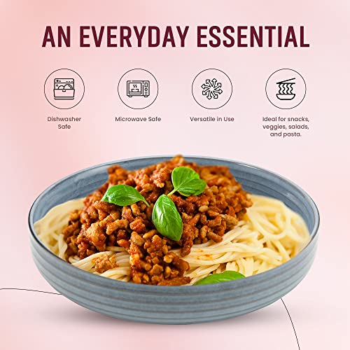American Atelier Pasta Bowls Set of 4-20 oz, Microwave and Dishwasher Safe, Wide Shallow Stoneware Salad Bowl Set, Dinnerware Plates for Serving Dinner, Kitchen, and Eating (Light Blue)