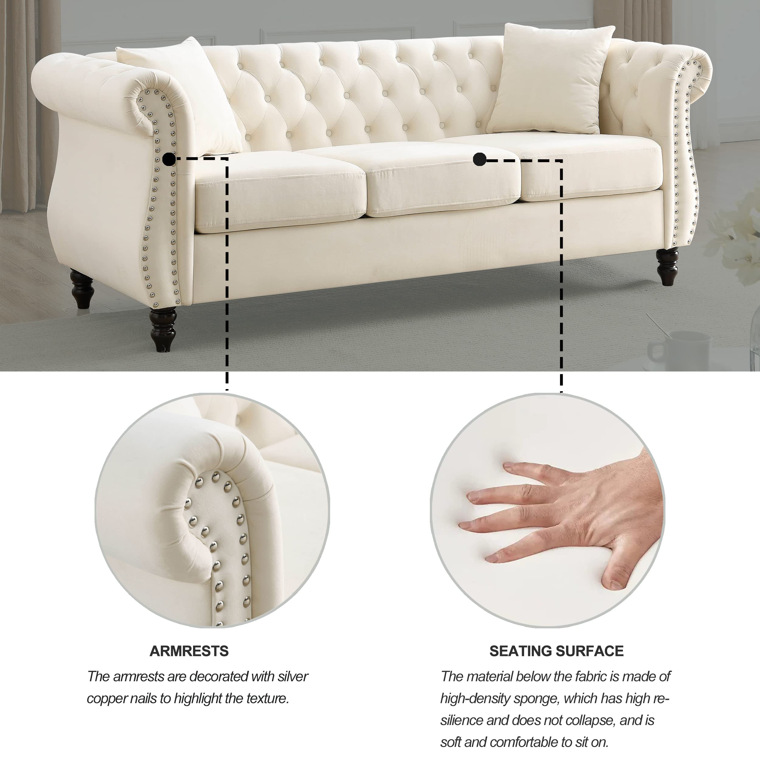 80" Chesterfield Sofa Couch Velvet 3-Seater Sofa with Two Pillows, Nailhead & Rolled Arms Upholstered Sofa with Curved Backrest Solid Wood Legs for Living Room, Bedroom, Office (Beige)