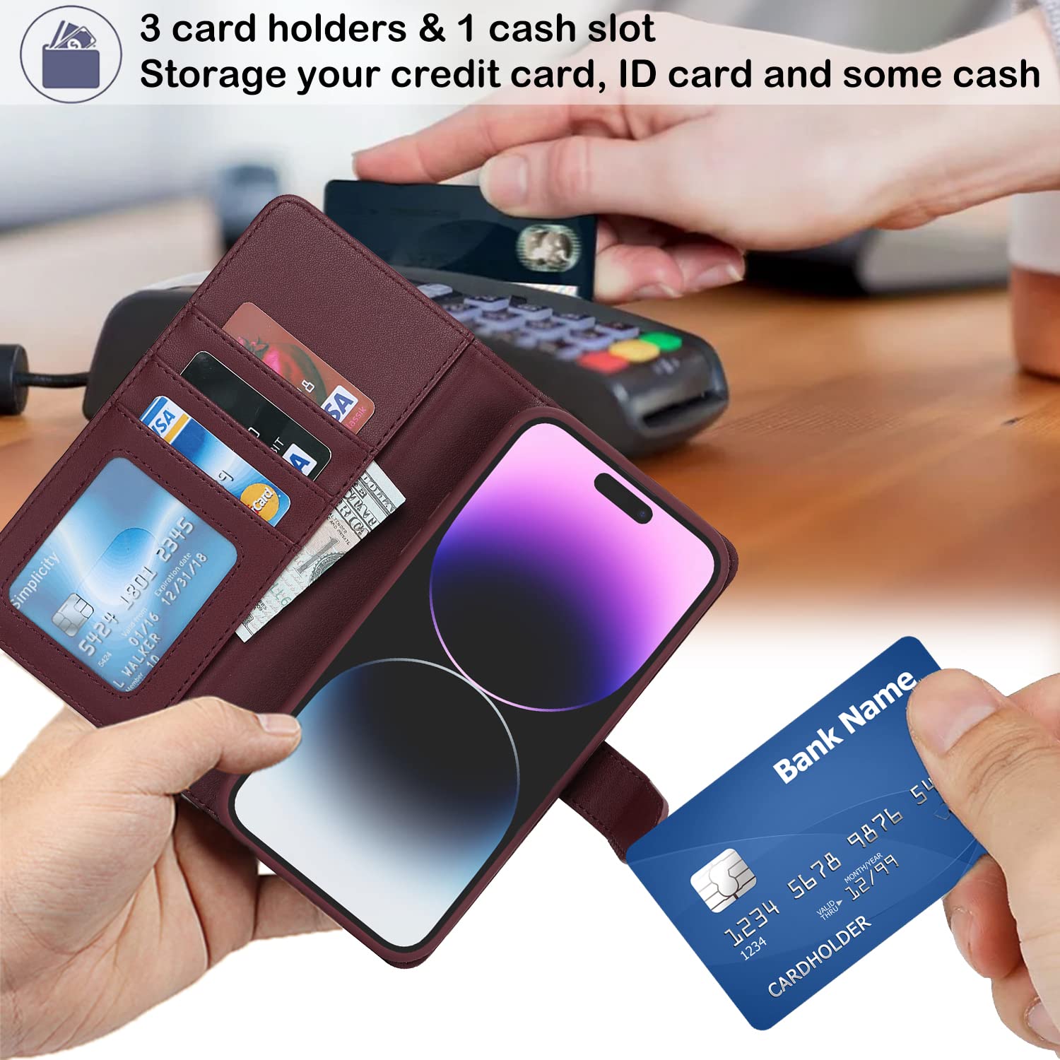 Havaya for iPhone 14 pro max Phone case Wallet for Women iPhone 14 pro max Wallet case Magsafe Compatible with Card Holder flip Folio Detachable Magnetic Leather Phone Cover-Wine Red