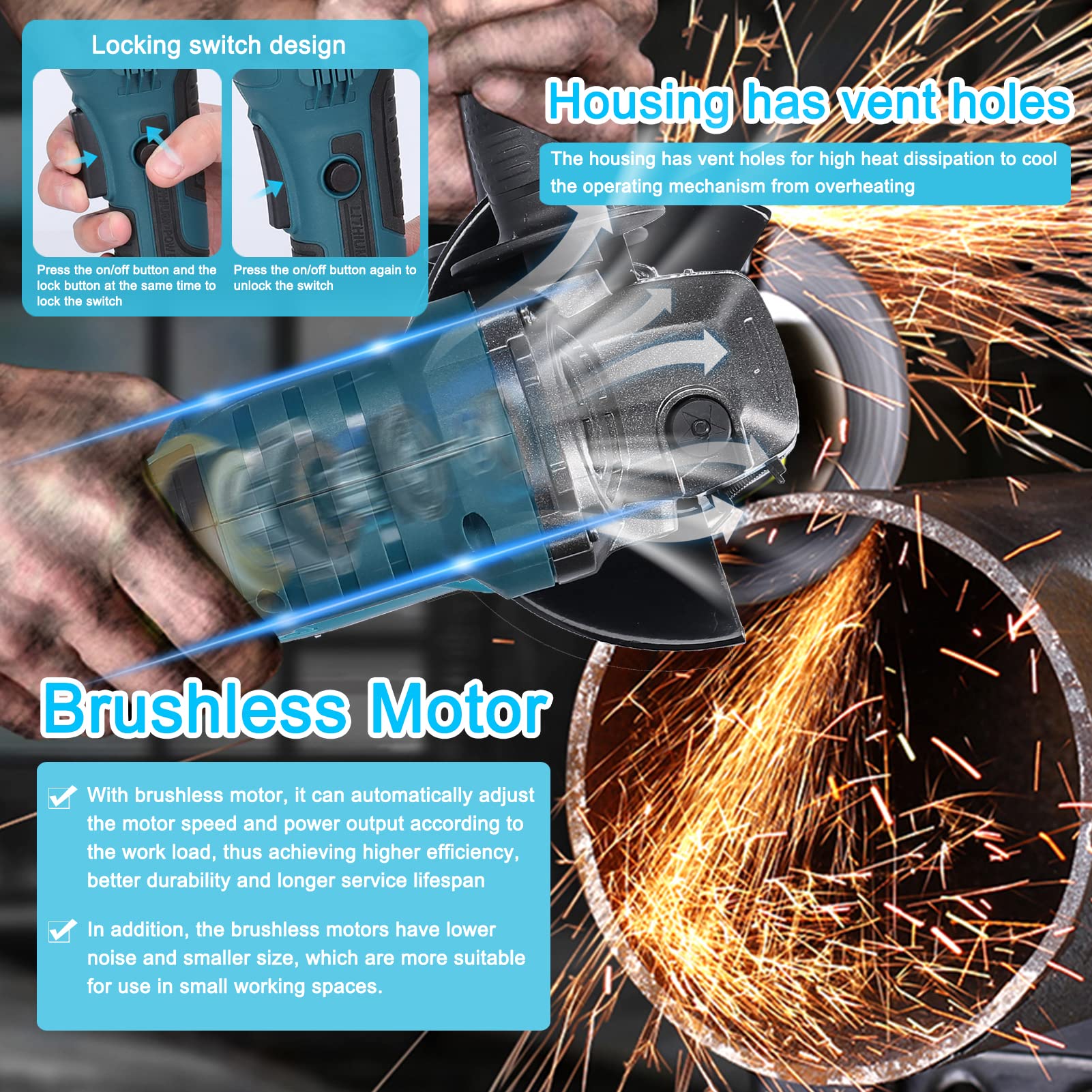 Cordless Angle Grinder, Weytoll 21V Brushless Cordless Grinder, Electric Grinding Wheels, Lithium Cutter Utility Power Tool 125mm M14 Angle Grinder With wrench, Assist Grip Handle and Baffle