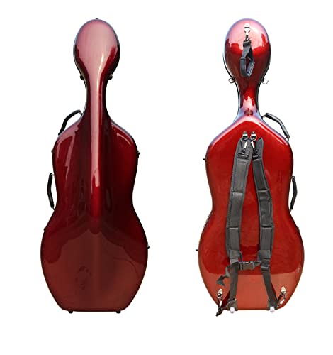 Hard Cello Case 4/4 Full Size Mixed Carbon Fiber Strong & Ultralight Cello Box with 2 Bow Holders & 2 Strong Handle & 2 Back Straps & Wheels Cello Bag (Red)